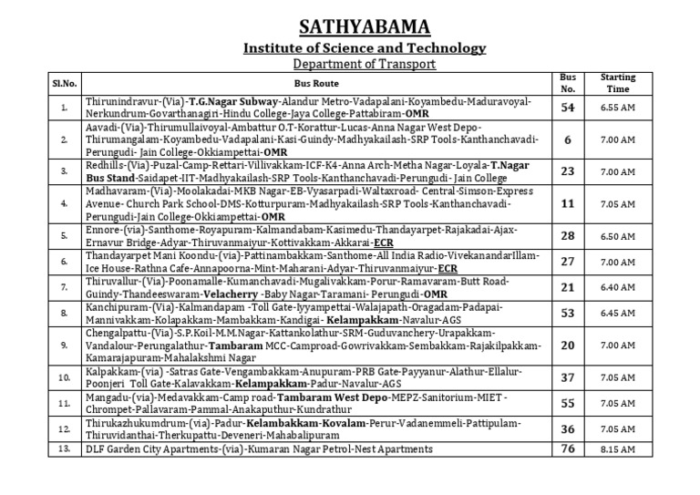 Sathyabama University Bus Routes 2024 | PDF