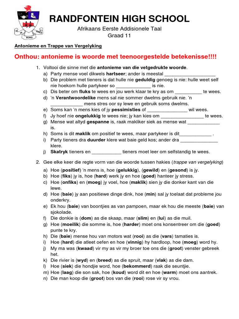 Taal Werkkaart 2 Trappe Van Vergelyking (14726) | PDF