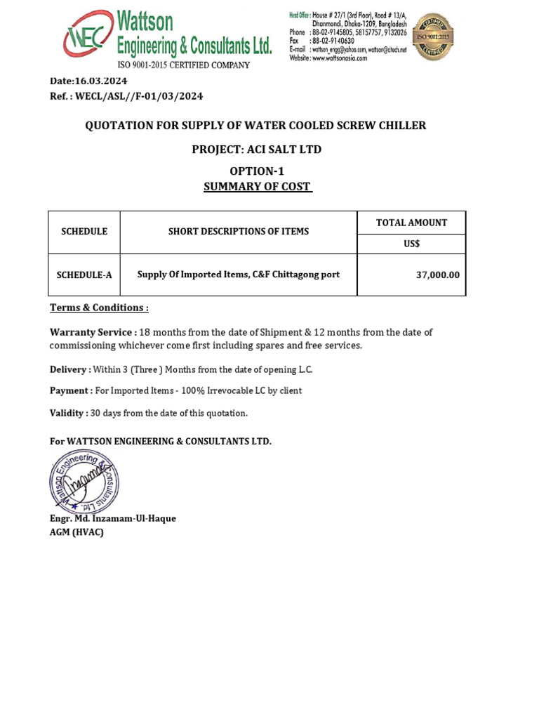 Chiller Supply Quote for ACI Salt | PDF | Applied And Interdisciplinary ...