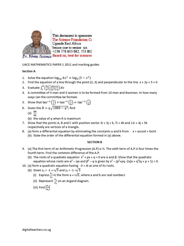UACE MATHEMATICS PAPER1 2011 and Marking Guide | PDF | Equations ...