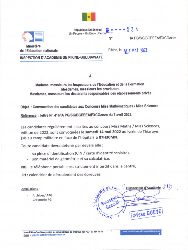Convocation Des Candidates Miss Math-Miss Sciences 2022 | PDF