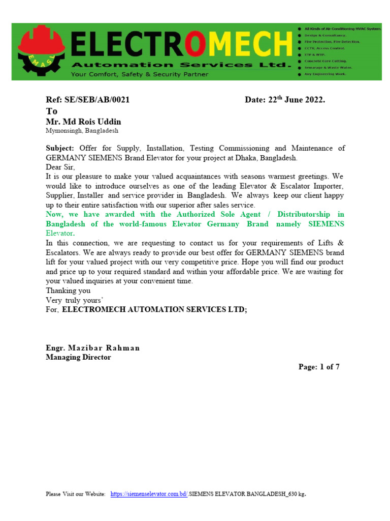 Siemens Lift Offer EMS | PDF | Elevator | Door