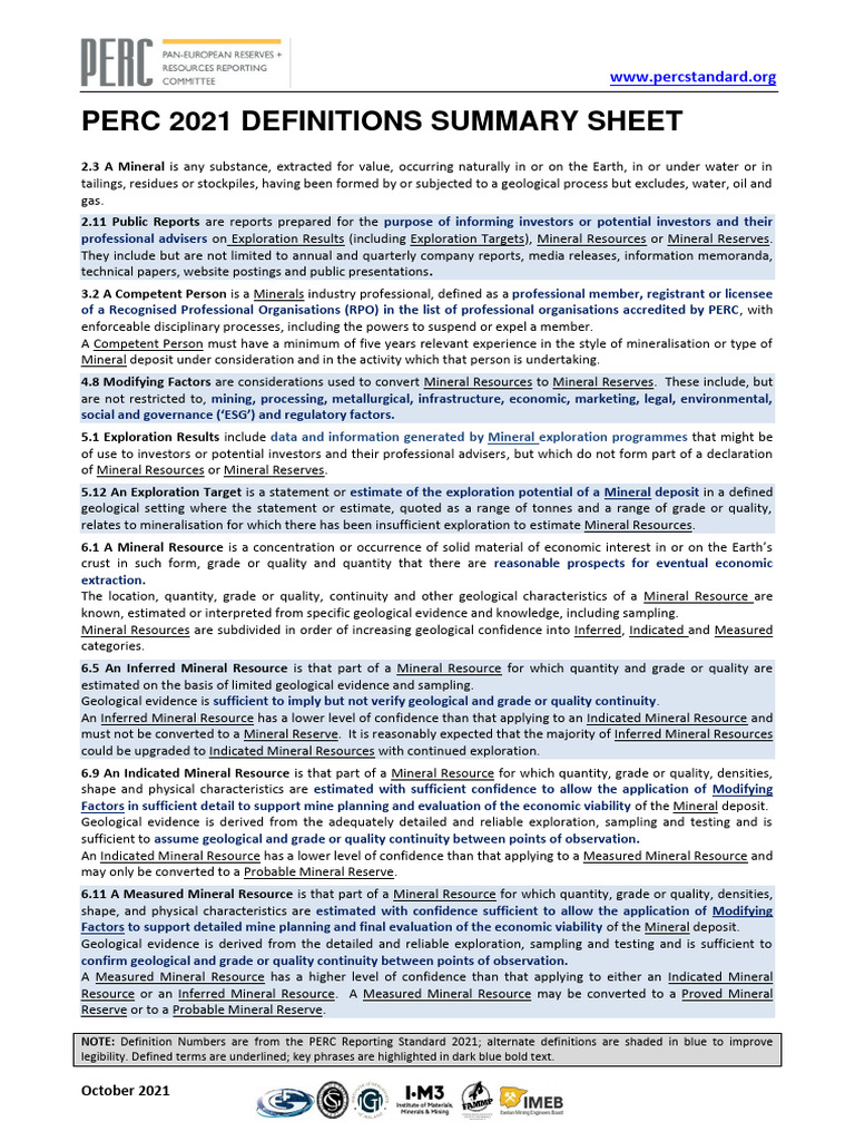 PERC 2021 DEFINITION Summary Sheet RELEASE 01oct21 | PDF | Feasibility ...