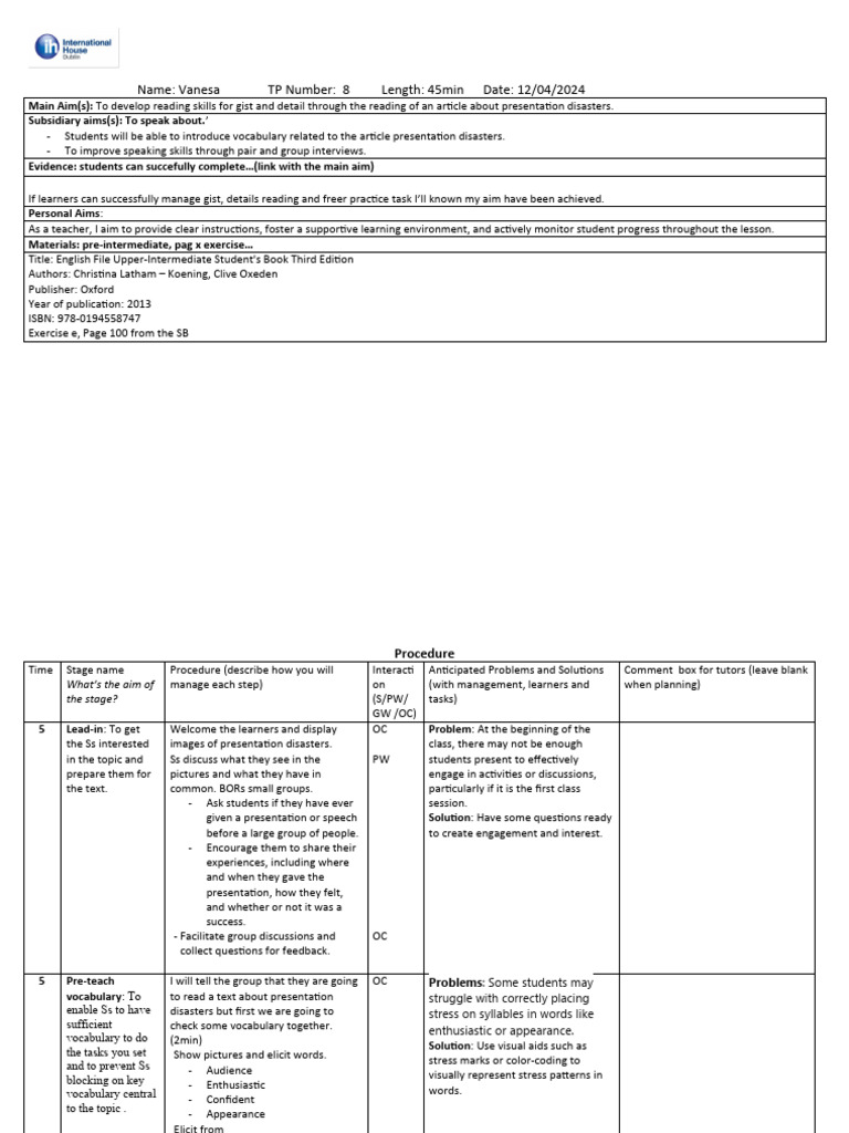 Lesson plan 8 Reading Upper Intermediate level | PDF | Stress ...