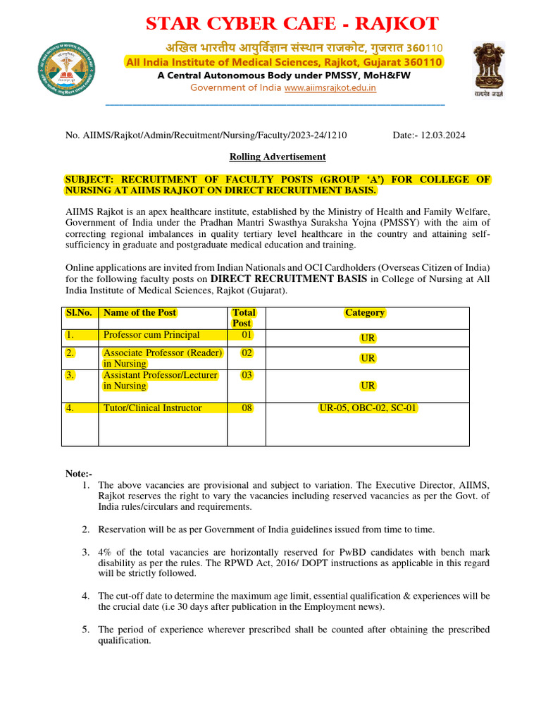 AIIMS Rajkot 2024 | PDF | Nursing