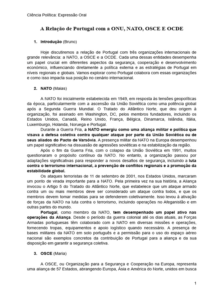 Portugal e A ONU, NATO, OSCE E OCDE | PDF | OTAN | Portugal
