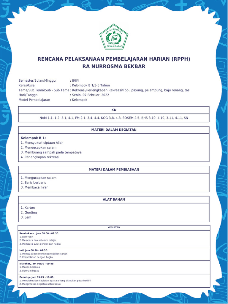 RPPH - Kelas Kelompok B 1 - 2022-02-07 - RA NURROSMA BEKBAR | PDF | Kesehatan Holistik | Sains ...