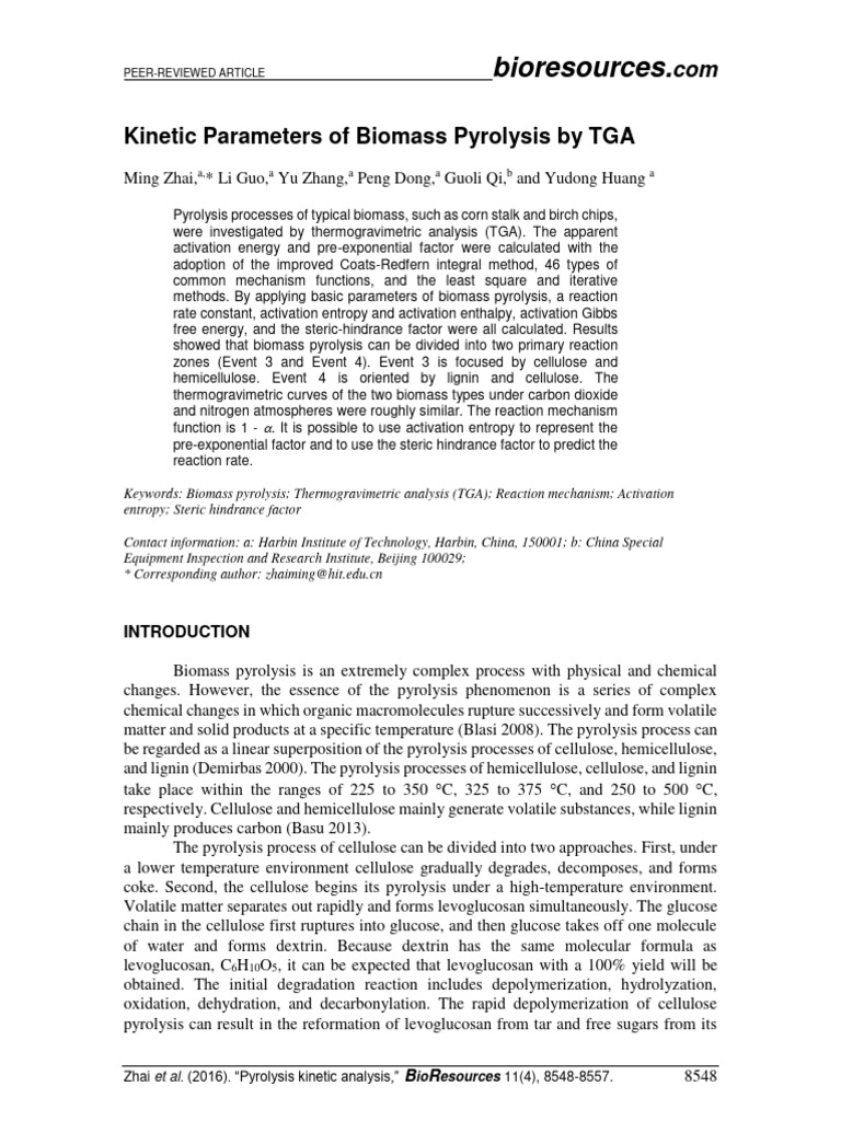 BioRes 11-4-8548 Zhai GZDQH Kinetic Parameters Biomass Pyrolysis TGA ...