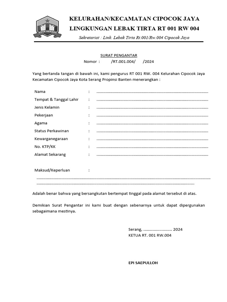 Surat Pengantar RT 2024 | PDF