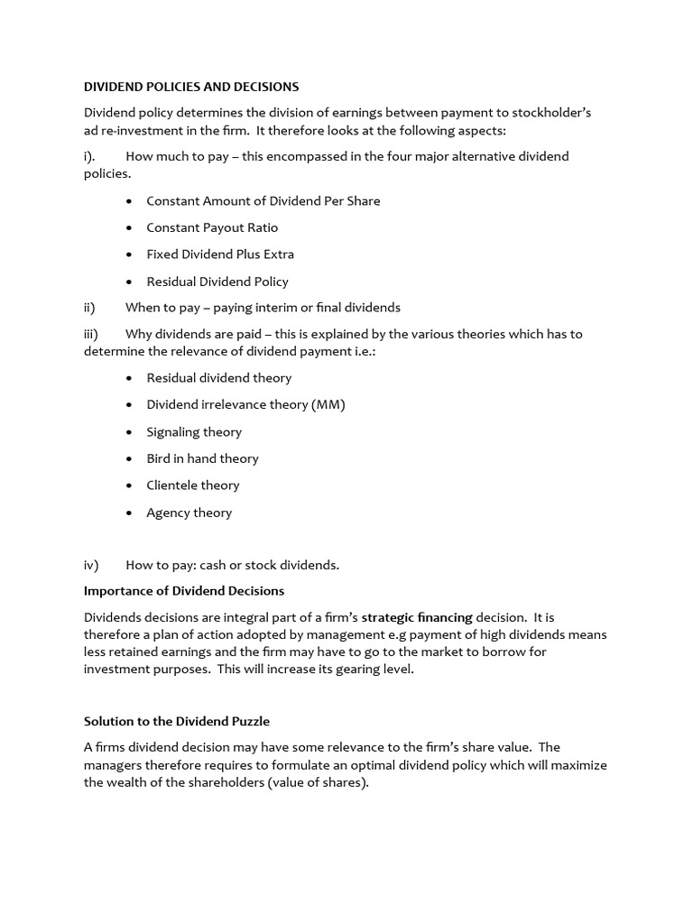 Dividend Policy Decisions Notes Pdf Dividend Share Repurchase