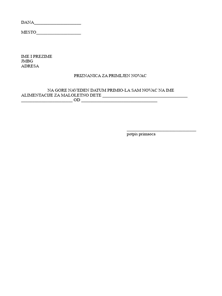 Priznanica Za Primljenu Alimentaciju | PDF