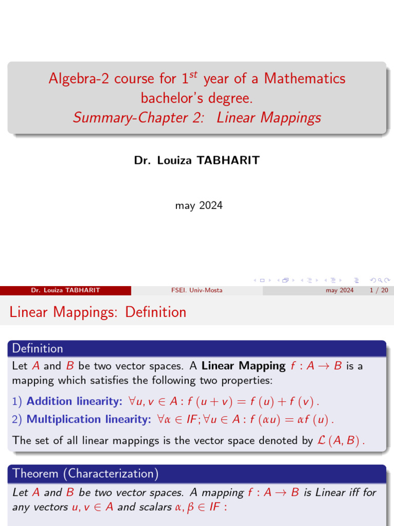 Linear Mappings in Algebra 2 Course | PDF | Linear Map | Vector Space