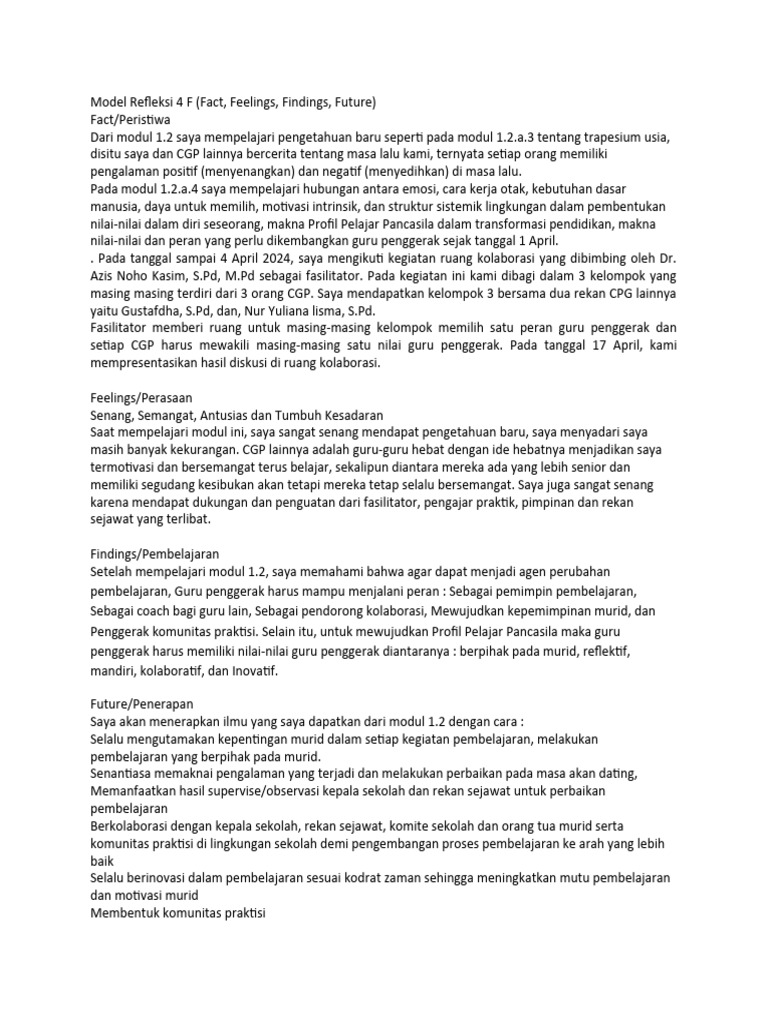 Refleksi Pembelajaran Model 4F | PDF