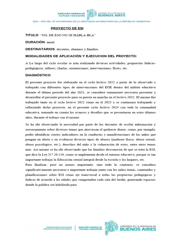 Proyecto de Esi Institucional 2024 | Descargar gratis PDF | Educación sexual | La sexualidad humana