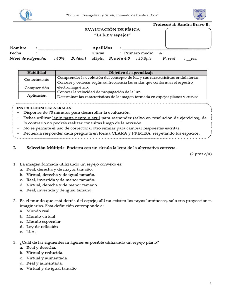 Evaluación 1_La luz_ Espejos_Física Primero medio_ | Descargar gratis PDF | Espectro ...