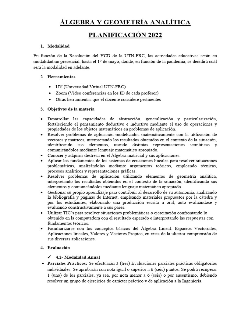 Planificacion 2022 - Anual - 1C2 | PDF | Matriz (Matemáticas) | Espacio vectorial