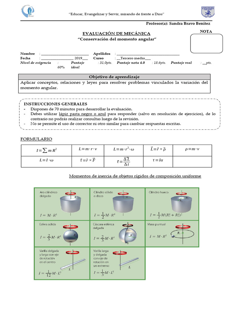 Evaluación 3_Conservación del momento angular_Física Tercero medio ...