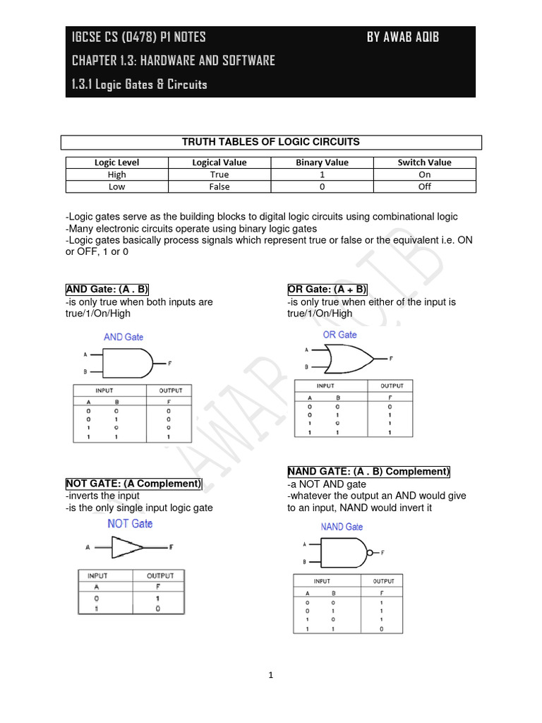 IGCSE CS Logic Gates and Circuits Notes | PDF | Logic Gate | Computer ...