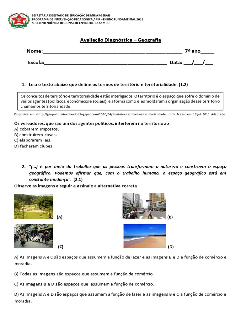 atividade DIAGNOSTICA 7 ANO | PDF | Turismo | Geografia