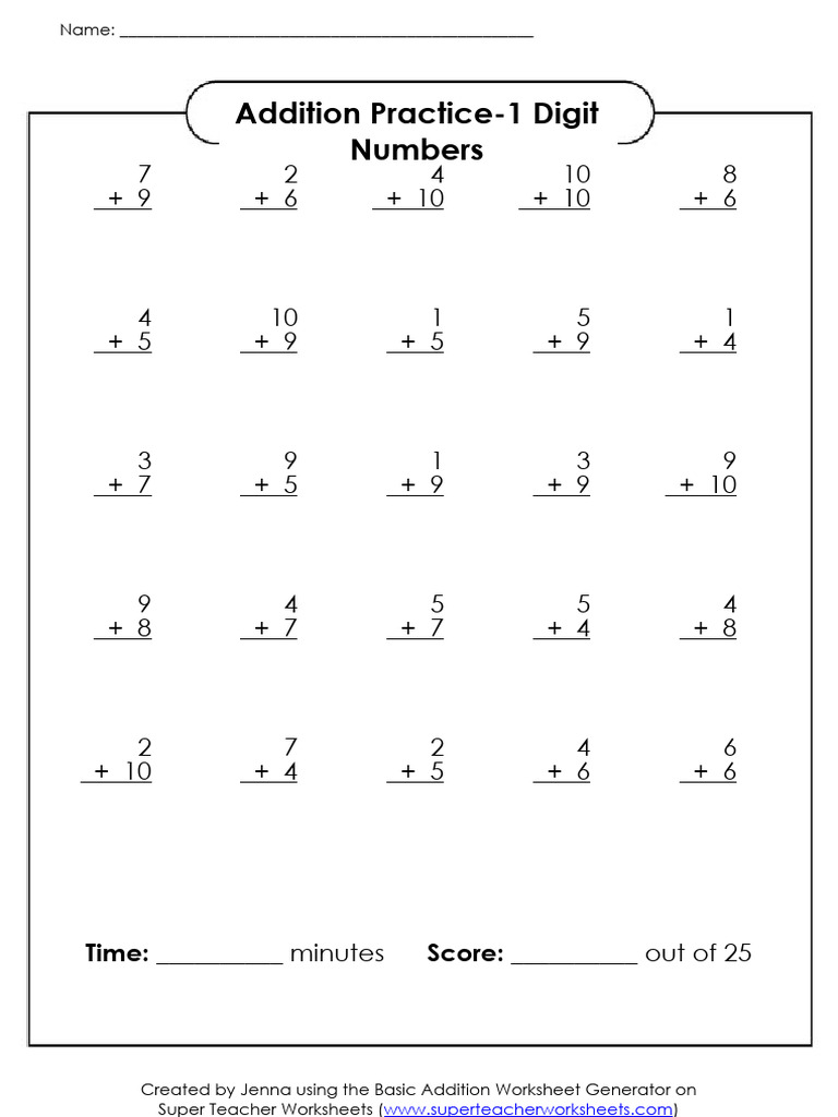 Super Teacher Worksheets Addition Practice-1 Digit Numbers | PDF