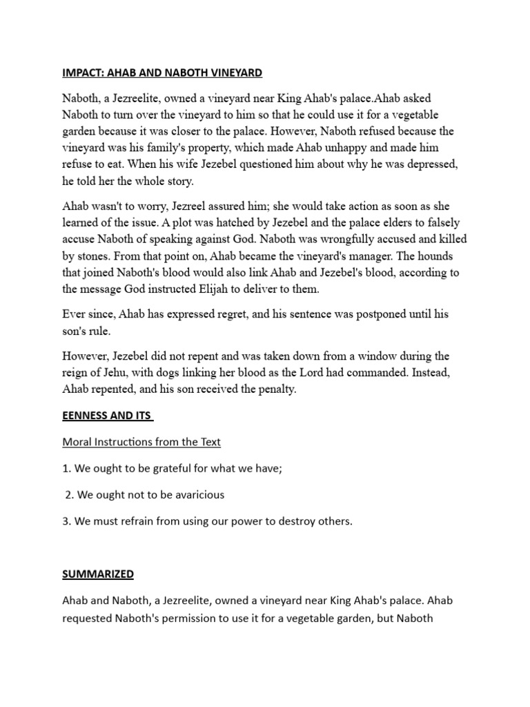 Ahab's Greed: The Naboth Vineyard Story | PDF