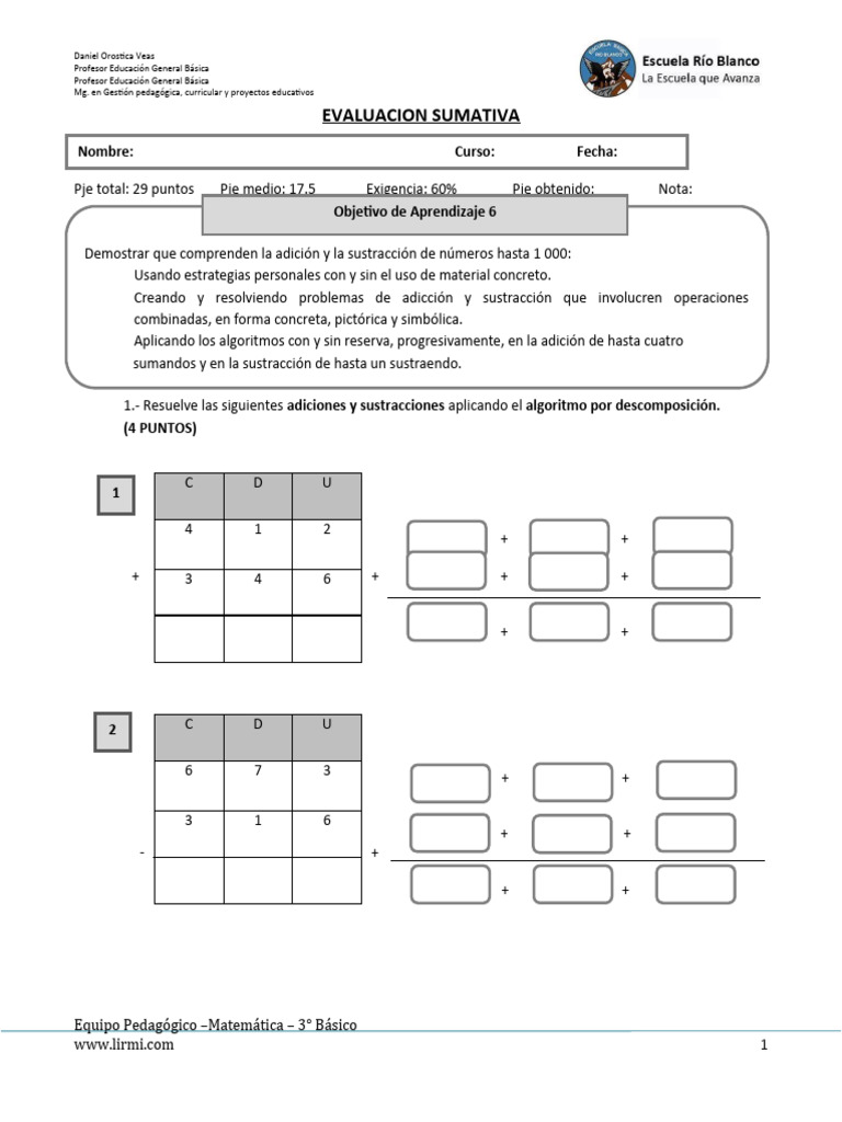 Evaluacion OA6 Matematica 3 Basico. | PDF | Sustracción | Matemáticas