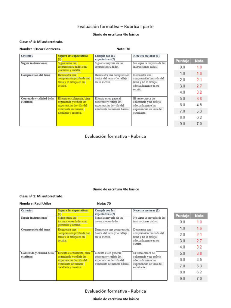 Evaluación Formativa Rubrica Diario de Escritura. | PDF