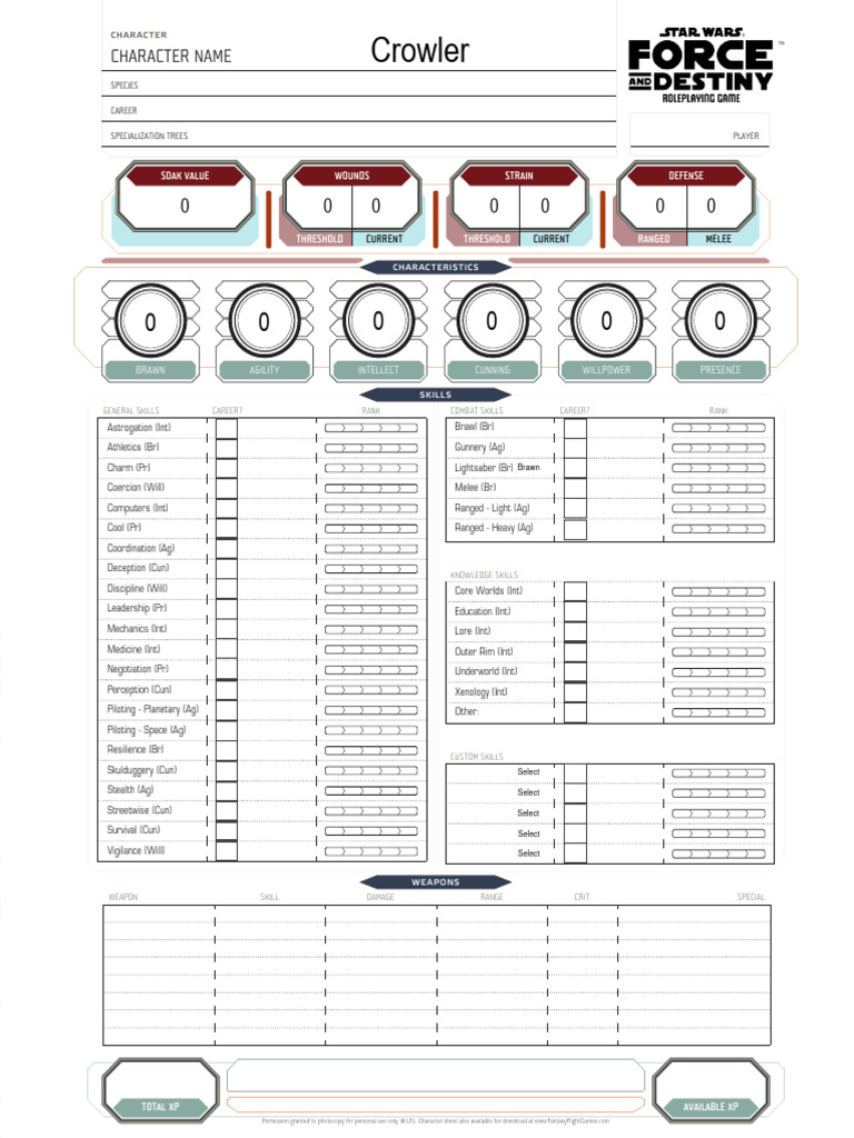 Force and Destiny Character Sheet Form Fillable v2 HC Crowler | PDF
