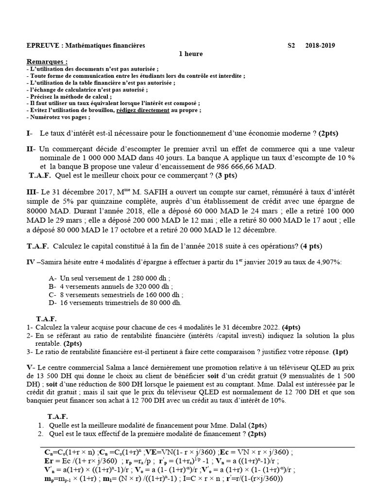 EPREUVE MATH FIN Fonctionnaire Mai 2018-2019 | PDF | Banques | Crédit