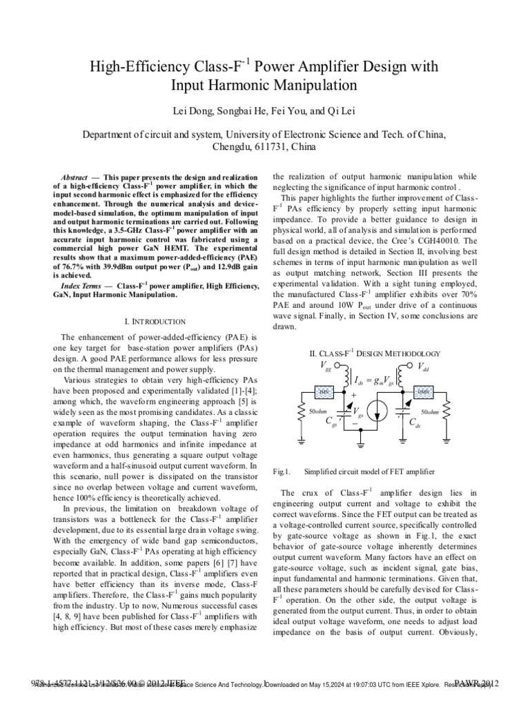 High-Efficiency Class-F1 Power Amplifier Design With Input Harmonic Manipulation | PDF ...