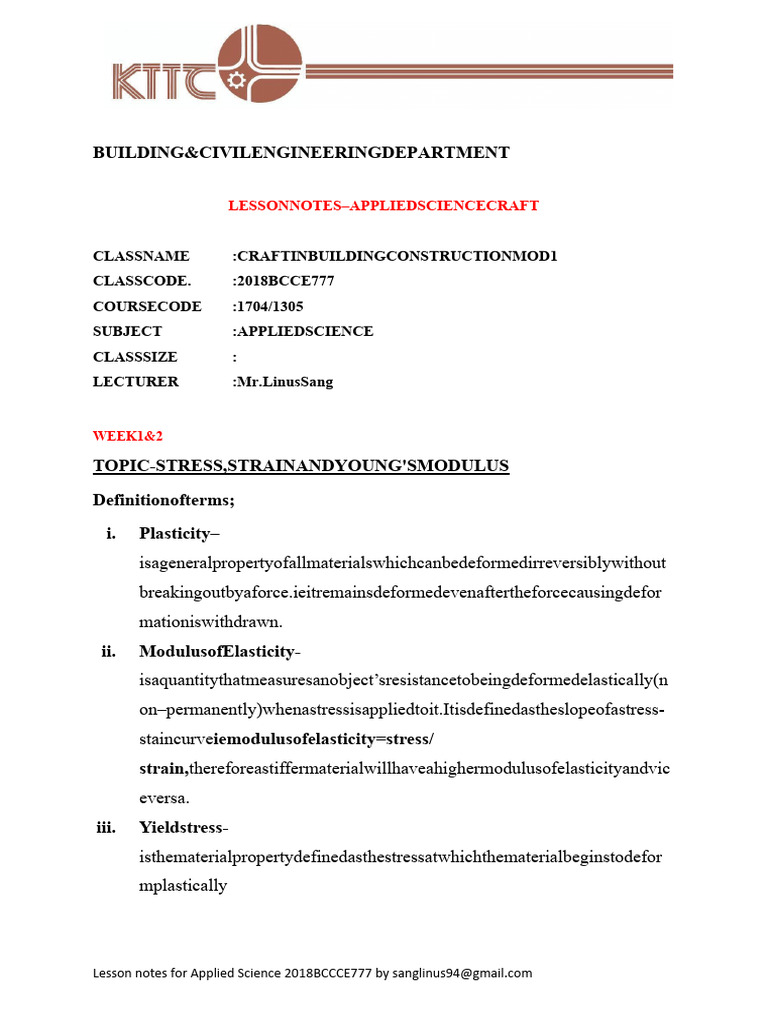 Lesson Notes Applied Science - Craft in Building Construction ...