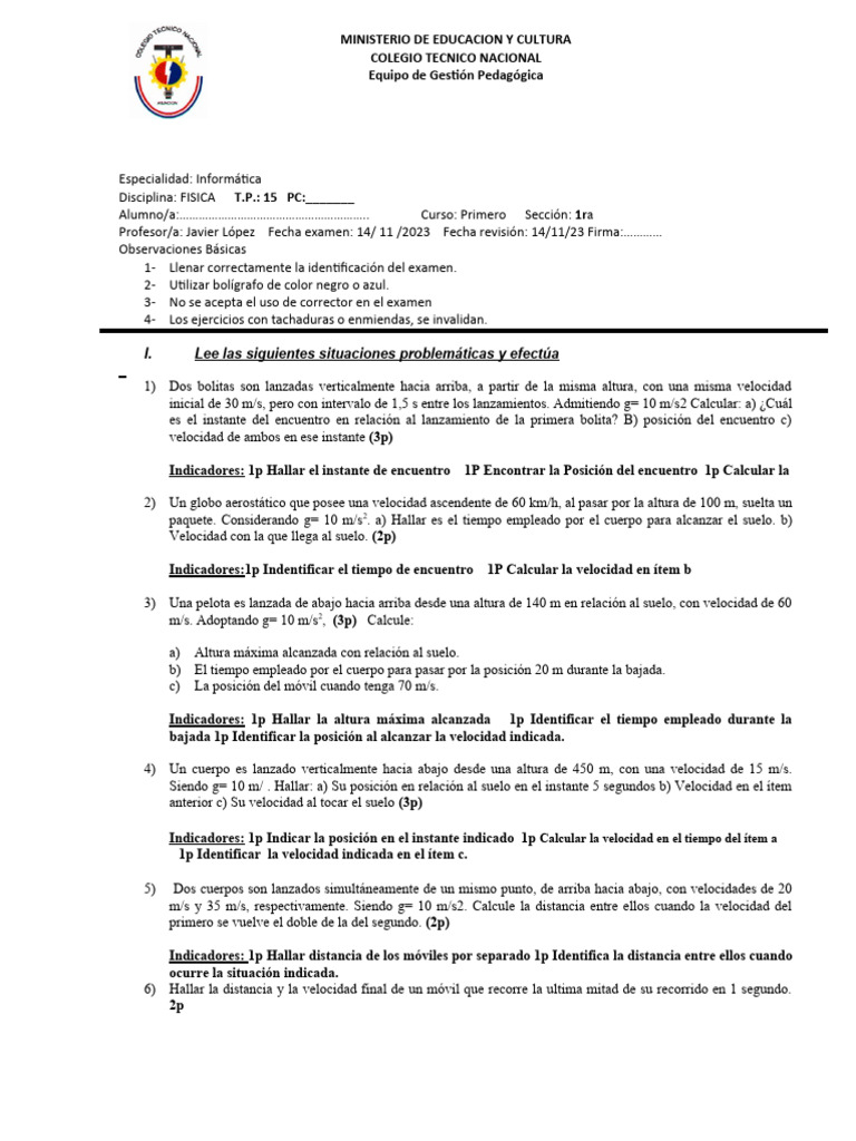 Examen De Caida Libre Y Descenso Informtic 1ros Cursos 1 Descargar