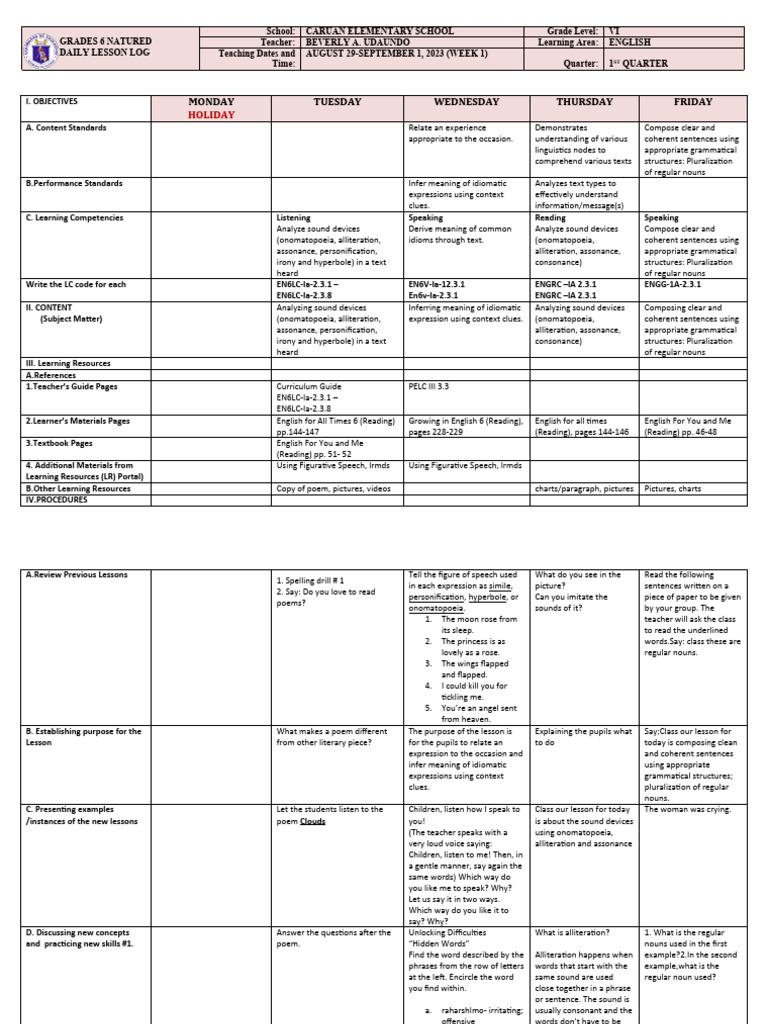 DLL - English 6 - Q1 - W1 | PDF | Word | English Language