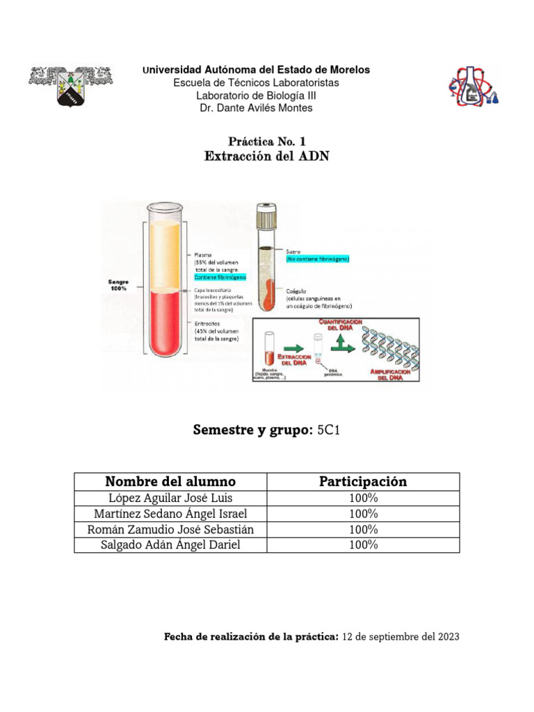 Reporte de Práctica No. 1 Extracción de ADN | PDF | Adn | Biología Celular)