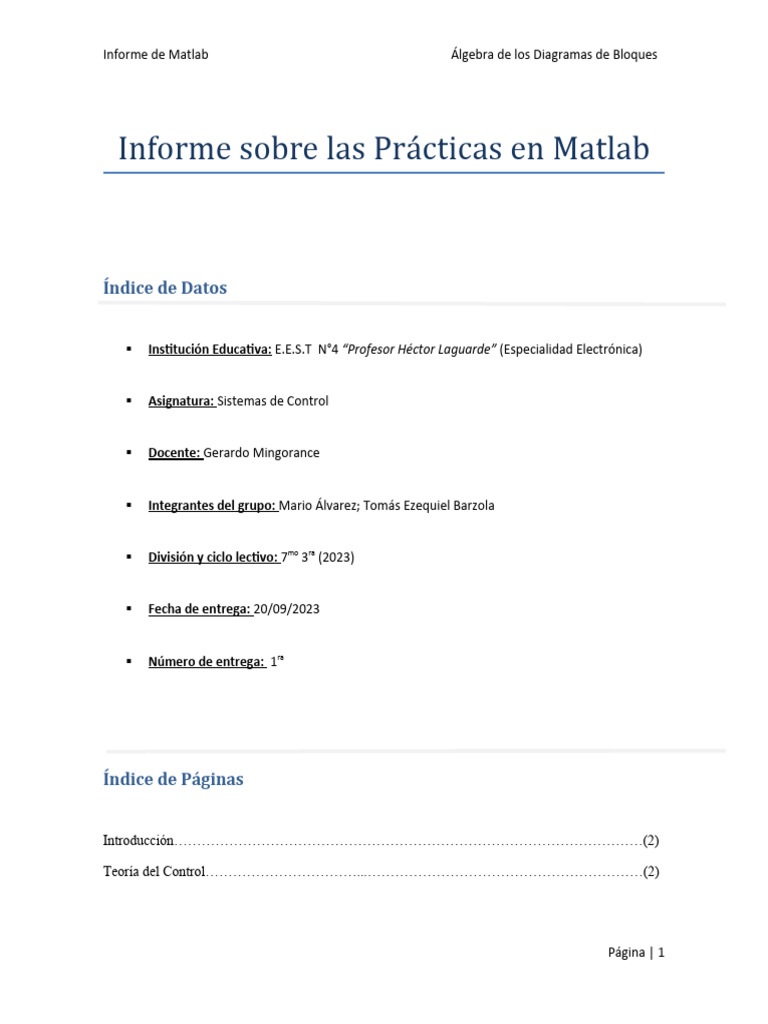 Informe Sobre Las Prácticas en Matlab (Álgebra de Los Bloques) | PDF | Función (Matemáticas ...
