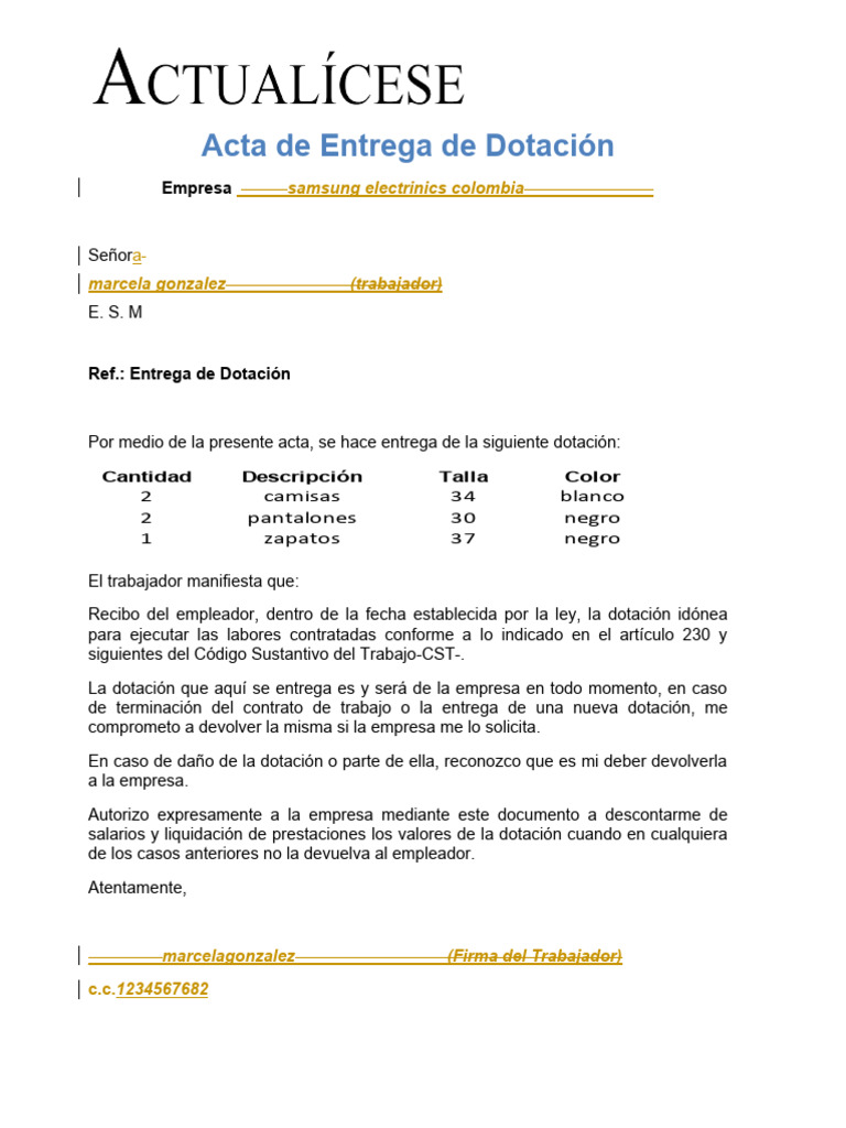 Acta de Entrega de Dotación | PDF