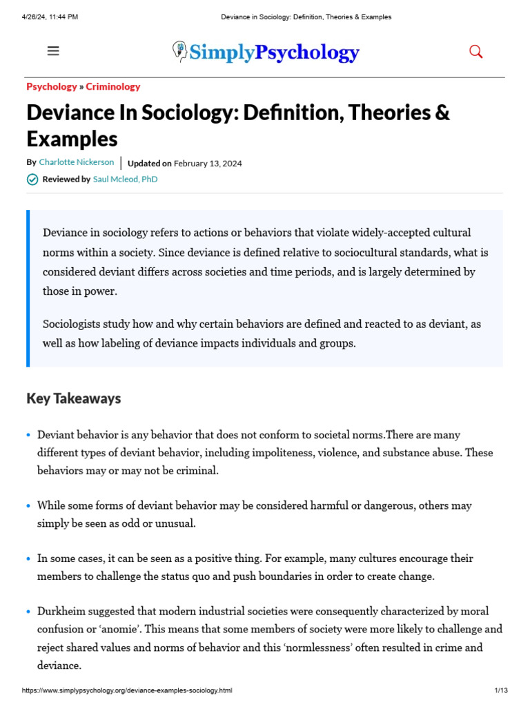 Deviance in Sociology - Definition, Theories & Examples | PDF ...