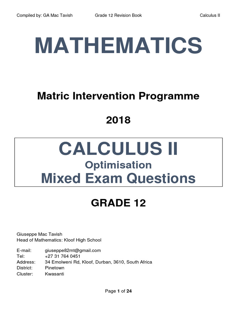 Calculus Optimisation Revision Booklet - 240519 - 175613 | PDF | Area ...