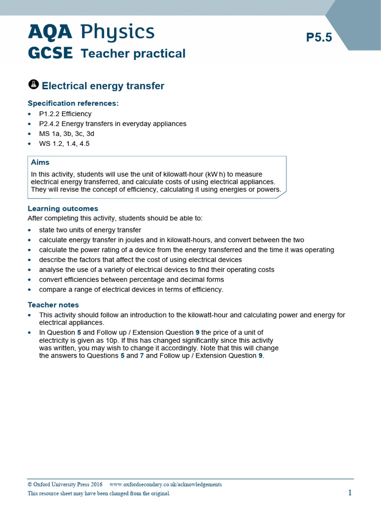 Electrical Energy Transfer Activity | PDF | Watt | Incandescent Light Bulb