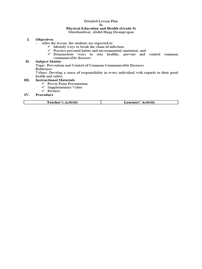 GED110 Detailed Lesson Plan | PDF | Infection | Hygiene