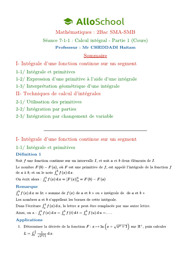 Seance 7 1 1 Calcul Integral Partie 1 Cours 2 | PDF
