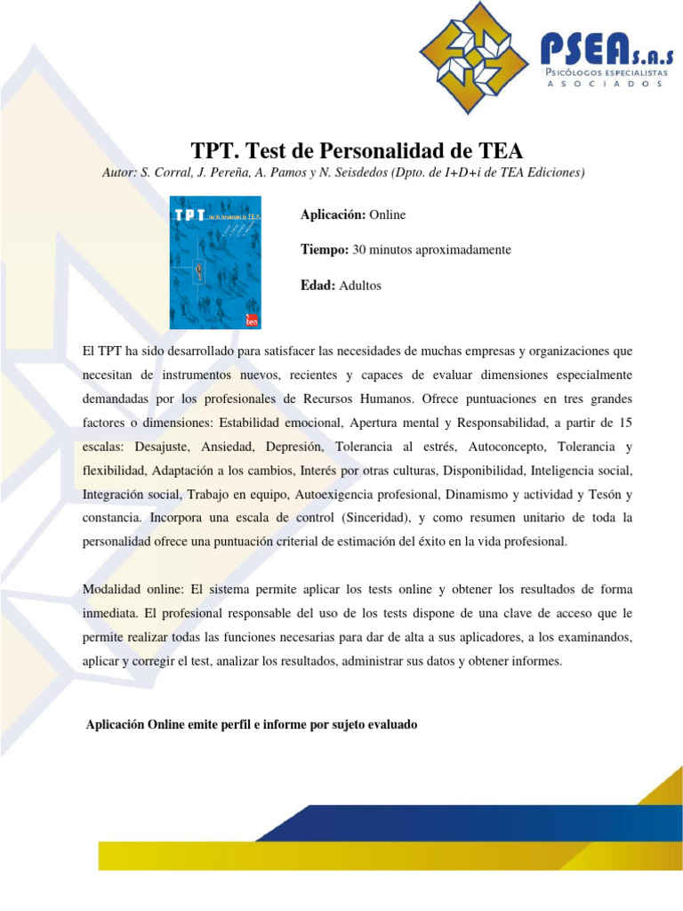 TPT. Test de Personalidad de TEA | PDF | Ciencias sociales
