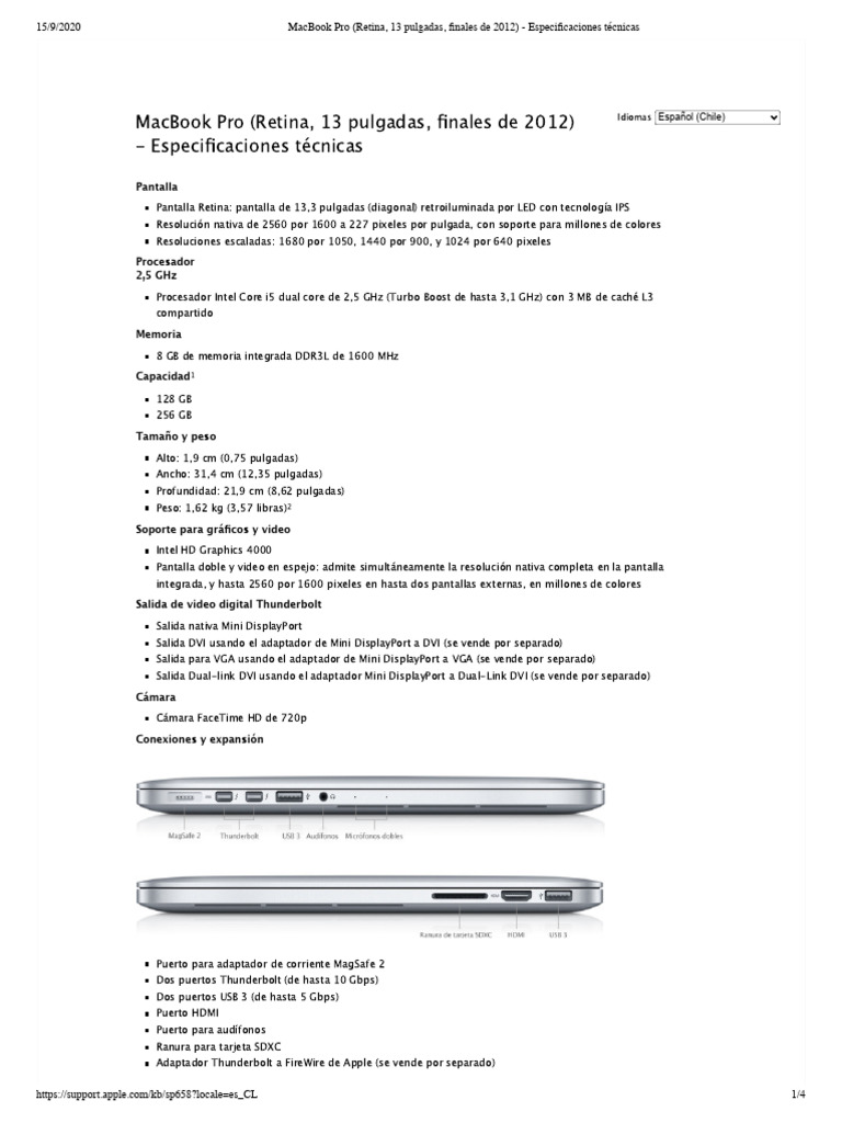 Especificaciones MacBook Pro (Retina, 13 Pulgadas, Finales de 2012) - Especificaciones Técnicas ...