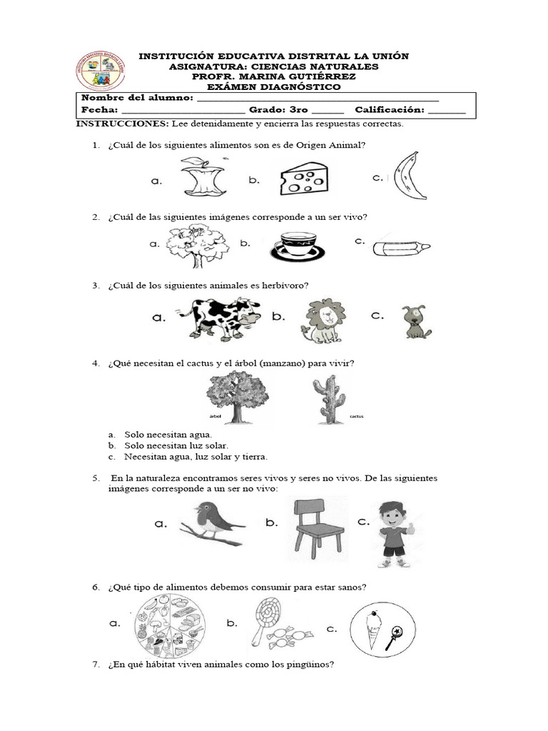 Examen Diagnóstico 2do - Naturales 2024 | PDF