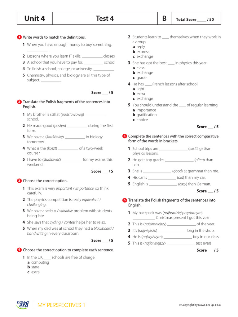 Unit 4, Test 4 - Grupa B - Obniżony Poziom Trudności | PDF | English ...