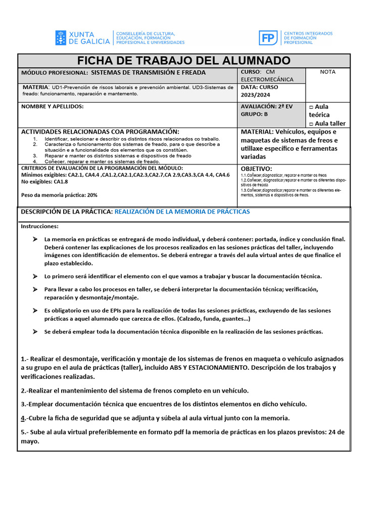 Ficha de Trabajo: Sistemas de Freado | PDF