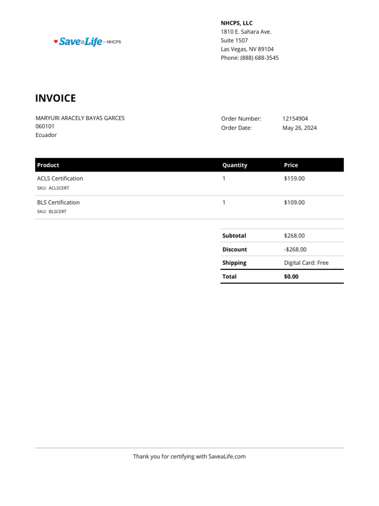 Free ACLS & BLS Certification Invoice | PDF