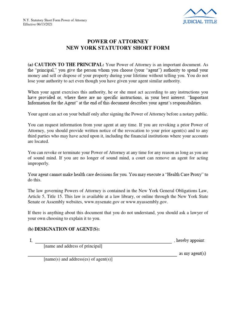 Judicial Title NY Statutory Power of Attorney | PDF | Power Of Attorney ...