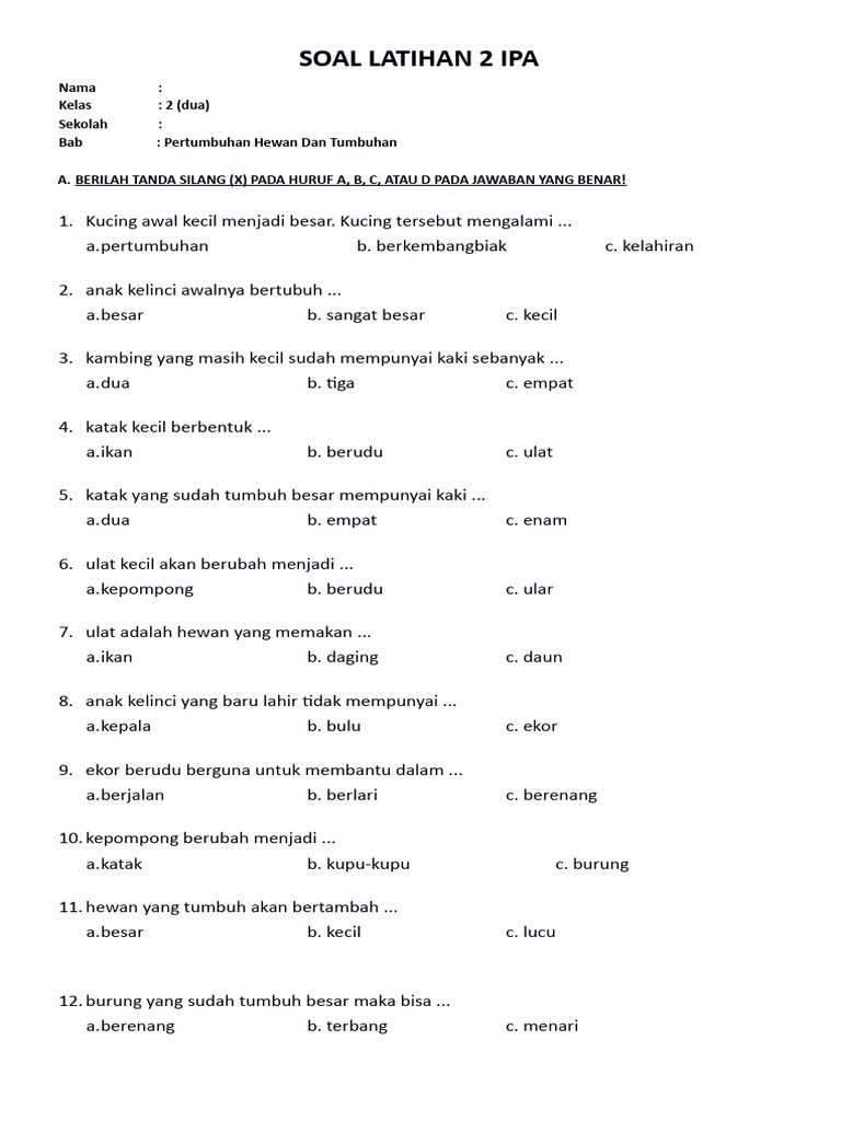 Soal IPA Kelas 2 SD Bab 2 Pertumbuhan Hewan Dan Tumbuhan Dan Kunci Jawaban | PDF