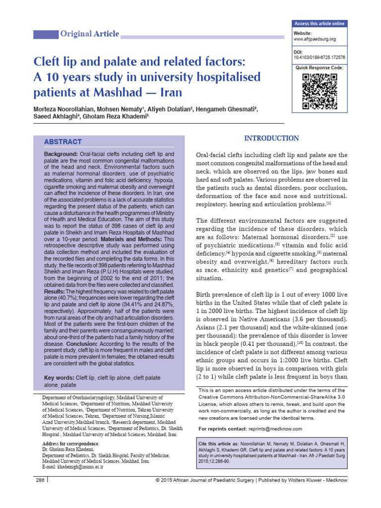 Cleft Lip and Palate and Related Factors | Download Free PDF | Diseases ...